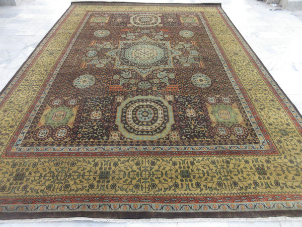 12X9 ft Hand-Knotted Wool Area Rug - Brown & Gold Traditional Oriental ...