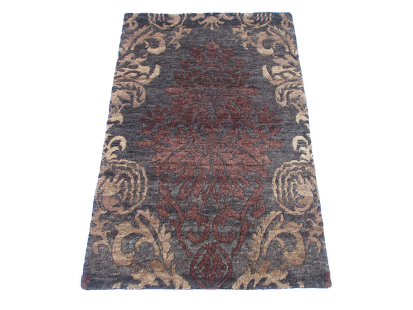 3x2 ft Luxurious Dark Floral Wool Area Rug - Charcoal and Earthy Brown ...